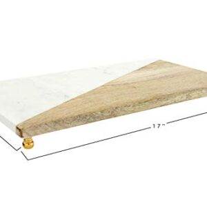 Creative Co-Op DF2367 Mango Wood & Marble Cutting Board/Serving Brass Feet Pedestal Tray, White