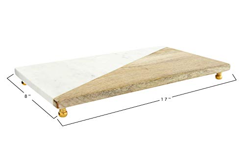 Creative Co-Op DF2367 Mango Wood & Marble Cutting Board/Serving Brass Feet Pedestal Tray, White