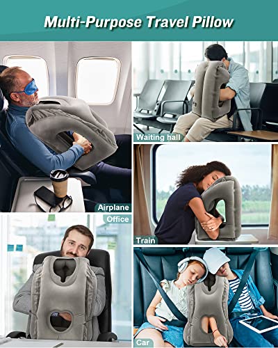 JefDiee Inflatable Travel Pillow, Airplane Neck Pillow Comfortably Supports Head and Chin for Airplanes, Trains, Cars and Office Napping with 3D Eye Mask, Earplugs and Portable Drawstring Bag (Grey)