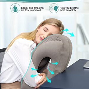 JefDiee Inflatable Travel Pillow, Airplane Neck Pillow Comfortably Supports Head and Chin for Airplanes, Trains, Cars and Office Napping with 3D Eye Mask, Earplugs and Portable Drawstring Bag (Grey)