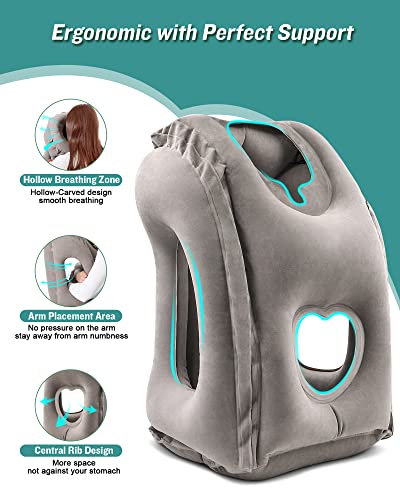 JefDiee Inflatable Travel Pillow, Airplane Neck Pillow Comfortably Supports Head and Chin for Airplanes, Trains, Cars and Office Napping with 3D Eye Mask, Earplugs and Portable Drawstring Bag (Grey)