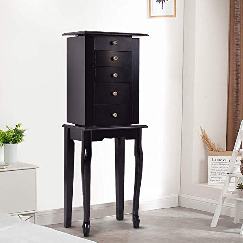 HOMGX (Black, Jewelry Cabinet with Mirror, Armoire Box Storage Chest, Stand Organizer with 5 Drawers & 8 Necklace Hooks