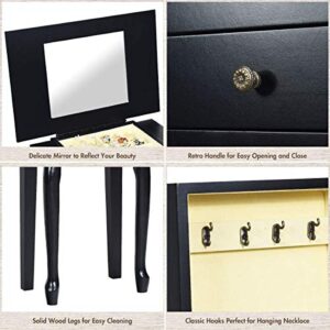 HOMGX (Black, Jewelry Cabinet with Mirror, Armoire Box Storage Chest, Stand Organizer with 5 Drawers & 8 Necklace Hooks