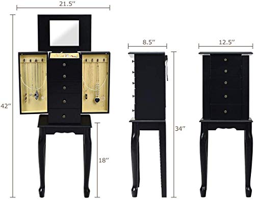 HOMGX (Black, Jewelry Cabinet with Mirror, Armoire Box Storage Chest, Stand Organizer with 5 Drawers & 8 Necklace Hooks