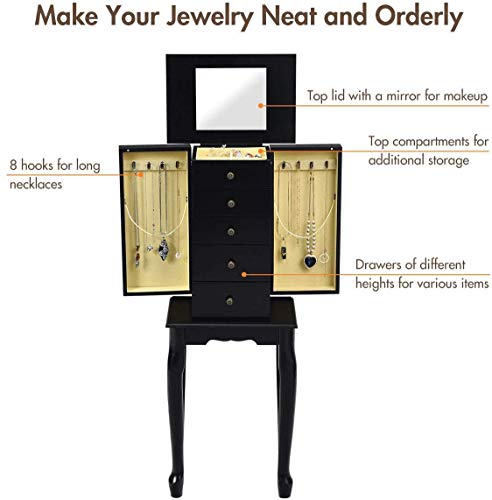 HOMGX (Black, Jewelry Cabinet with Mirror, Armoire Box Storage Chest, Stand Organizer with 5 Drawers & 8 Necklace Hooks