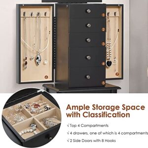 HOMGX (Black, Jewelry Cabinet with Mirror, Armoire Box Storage Chest, Stand Organizer with 5 Drawers & 8 Necklace Hooks