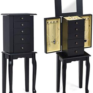 HOMGX (Black, Jewelry Cabinet with Mirror, Armoire Box Storage Chest, Stand Organizer with 5 Drawers & 8 Necklace Hooks