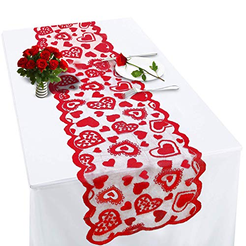 Valentines Table Runner Red Heart Print Valentines Day Decorations 13x72 inches Lace Love Table Runner for Home Wedding Party Valentines Day Table Decorations Long Line for Dinner