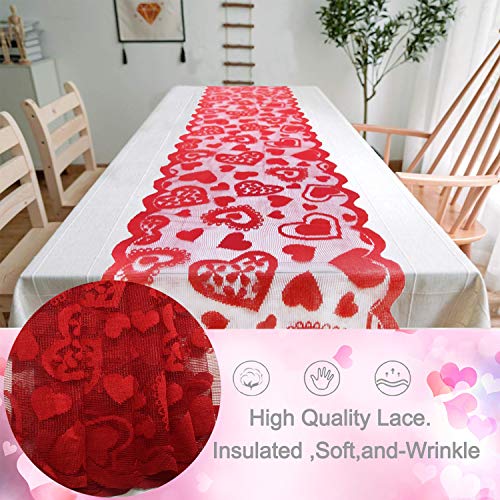 Valentines Table Runner Red Heart Print Valentines Day Decorations 13x72 inches Lace Love Table Runner for Home Wedding Party Valentines Day Table Decorations Long Line for Dinner