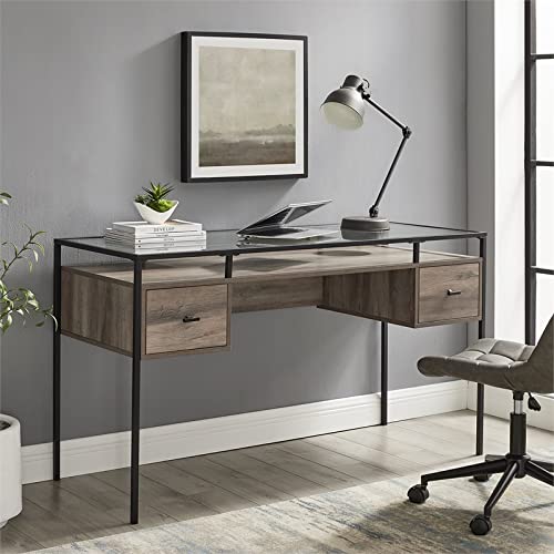 Walker Edison Writing Desk, 56, Glass Top 2 Drawer Computer, 56 Inch, Grey Wash