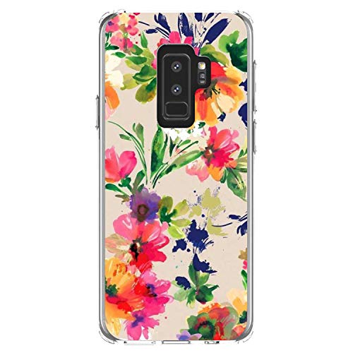 DistinctInk Clear Shockproof Hybrid Case for Galaxy S9+ Plus (6.2" Screen) - TPU Bumper, Acrylic Back, Tempered Glass Screen Protector - Pink Purple Floral Flowers