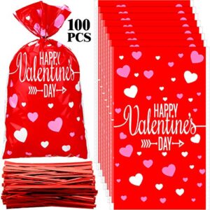 100 pieces valentine cellophane bags heart shaped red treat bags happy valentine's day bags with twist ties for candy, wedding party favors