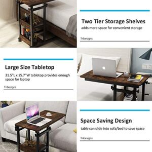 Tribesigns Snack Side Table, Mobile End Table Height Adjustable Bedside Table Laptop Rolling Cart C Shaped TV Tray with Storage Shelves for Sofa Couch (Retro Brown)