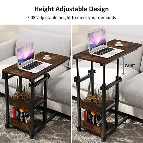 Tribesigns Snack Side Table, Mobile End Table Height Adjustable Bedside Table Laptop Rolling Cart C Shaped TV Tray with Storage Shelves for Sofa Couch (Retro Brown)