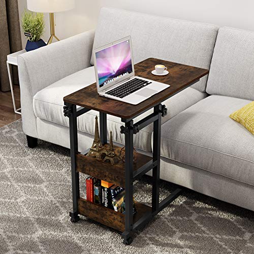 Tribesigns Snack Side Table, Mobile End Table Height Adjustable Bedside Table Laptop Rolling Cart C Shaped TV Tray with Storage Shelves for Sofa Couch (Retro Brown)