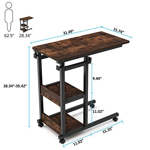 Tribesigns Snack Side Table, Mobile End Table Height Adjustable Bedside Table Laptop Rolling Cart C Shaped TV Tray with Storage Shelves for Sofa Couch (Retro Brown)