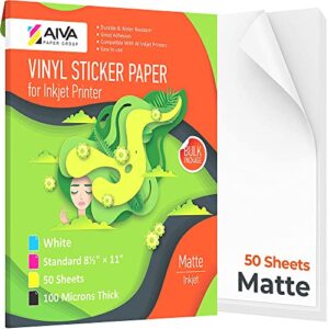 printable vinyl sticker paper - waterproof decal paper for inkjet printer - 50 self-adhesive sheets - matte white - standard letter size 8.5"x11"