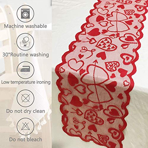 Valentines Table Runner Red Heart Print Valentines Day Decorations 13x72 inches Lace Love Table Runner for Home Wedding Party Valentines Day Table Decorations Long Line for Dinner(Random Style)