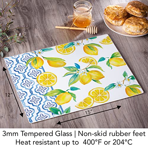 CounterArt Lovely Lemons 3mm Heat Tolerant Tempered Glass Cutting Board 15” x 12” Manufactured in the USA Dishwasher Safe