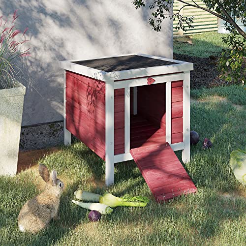 PawHut Small Wooden Rabbit Hutch Bunny Cage Guinea Pig Cage Duck House Dog House with Openable & Waterproof Roof, Red