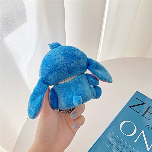 Fluffy Plush Soft TPU Blue Stitch Case with Keychain for AirPods 1 2 1st 2nd Generation AirPods1 AirPods2 3D Cartoon Cute Lovely Adorable Kawaii Kids Girls Women