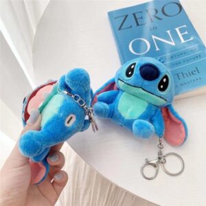 Fluffy Plush Soft TPU Blue Stitch Case with Keychain for AirPods 1 2 1st 2nd Generation AirPods1 AirPods2 3D Cartoon Cute Lovely Adorable Kawaii Kids Girls Women