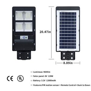 120W Solar Street Light Dusk to Dawn,Parking Lot Lights 18000mAH Iron Phosphate Battery LED Outdoor Lighting,9600Lm Light/PIR Motion Sensor for Garage,Patio,Garden,Driveway