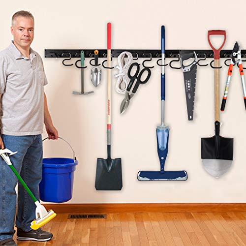 Twinkle Star Upgrade 64 Inch Garage Tool Organizer Wall Mounted, Mop Broom Holder Adjustable Storage System, Wall Holders for Garden Tools, Heavy Duty Tool Hanger with 16 Hooks 4 Rails