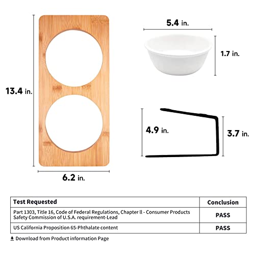 FUKUMARU Elevated Cat Ceramic Bowls, Small Dog 15° Tilted Raised Food Feeding Dishes, Solid Bamboo Water Stand Feeder Set for Cats and Puppy