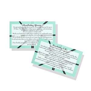 microblading aftercare cards green | 50 pack | disposable faq microblade printed certified recommended care instructions 3.5 x 2" inches microblading supplies client take home