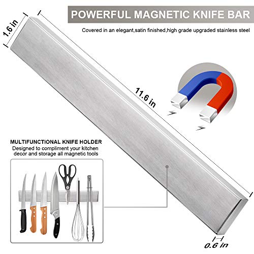 12 Inch Magnetic Knife Strip, Premium Stainless Steel Wall Mounted Kitchen Knives Bar,Space-Saving Powerful No Drilling Magnetic Knife Rack for Home Kitchen Utensil Holder & Tool Holder