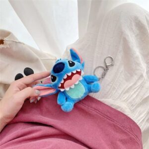 AirPods Case Soft TPU Fluffy Plush Blue Stitch Cover with Keychain Hook for Apple AirPods1 AirPods2 1 2 1st 2nd Generation 3D Cartoon Disney Disneyland Cute Lovely Warm Christmas Kids Girls