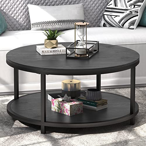 WiberWi Round Coffee Table Black Coffee Tables for Living Room 35.8" Rustic Industrial Design Circle Table Furniture Sturdy Metal Frame Legs Cocktail Table with Storage Open Shelf, Easy Assembly