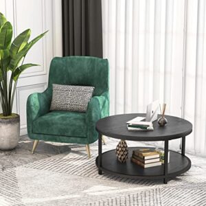 WiberWi Round Coffee Table Black Coffee Tables for Living Room 35.8" Rustic Industrial Design Circle Table Furniture Sturdy Metal Frame Legs Cocktail Table with Storage Open Shelf, Easy Assembly