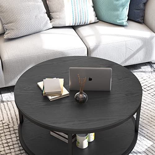 WiberWi Round Coffee Table Black Coffee Tables for Living Room 35.8" Rustic Industrial Design Circle Table Furniture Sturdy Metal Frame Legs Cocktail Table with Storage Open Shelf, Easy Assembly