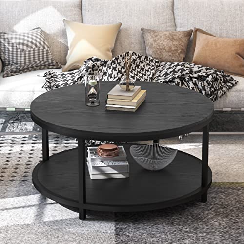 WiberWi Round Coffee Table Black Coffee Tables for Living Room 35.8" Rustic Industrial Design Circle Table Furniture Sturdy Metal Frame Legs Cocktail Table with Storage Open Shelf, Easy Assembly