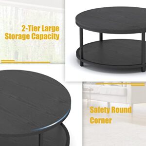 WiberWi Round Coffee Table Black Coffee Tables for Living Room 35.8" Rustic Industrial Design Circle Table Furniture Sturdy Metal Frame Legs Cocktail Table with Storage Open Shelf, Easy Assembly