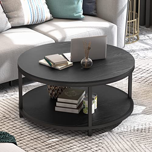 WiberWi Round Coffee Table Black Coffee Tables for Living Room 35.8" Rustic Industrial Design Circle Table Furniture Sturdy Metal Frame Legs Cocktail Table with Storage Open Shelf, Easy Assembly