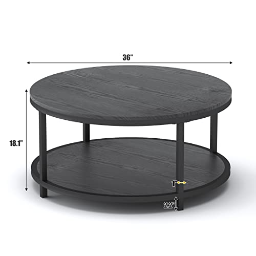 WiberWi Round Coffee Table Black Coffee Tables for Living Room 35.8" Rustic Industrial Design Circle Table Furniture Sturdy Metal Frame Legs Cocktail Table with Storage Open Shelf, Easy Assembly