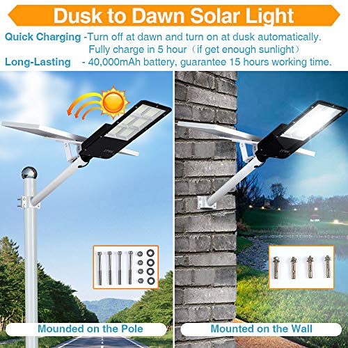 WisHomee 800W LED Solar Street Lights, Outdoor Dusk to Dawn Pole Light with Remote Control, Waterproof, Ideal for Parking Lot, Stadium, Yard, Garage and Garden (Cool White)