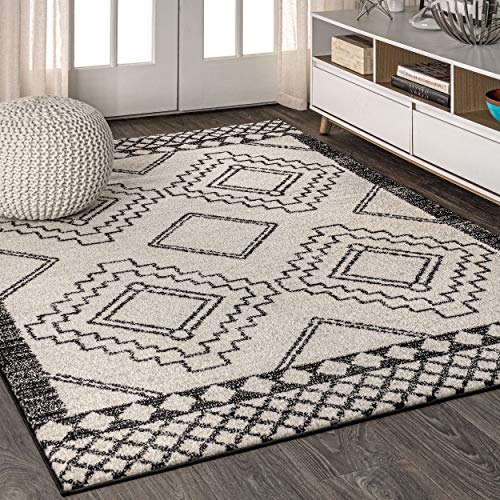 JONATHAN Y MOH200A-8 Amir Moroccan Beni Souk Indoor Area-Rug Bohemian Farmhouse Rustic Geometric Easy-Cleaning Bedroom Kitchen Living Room Non Shedding, 8 X 10, Cream,Black