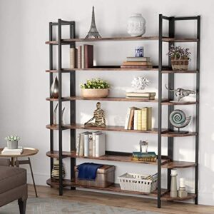 tribesigns modern triple wide 6-shelf bookcase, 6-tier large etagere bookshelves storage and double wide bookshelf display shelves with sturdy metal frame for home office deco, rustic