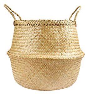 Chinoxinh Seagrass Woven Belly Basket with Handles - Multipurpose Handmade Wicker Rural Storage for Plant, Pot Decor, Laundry, Clothes, Blanket, Grocery and Outdoor Picnic (Original XXX-Large 14x16in)