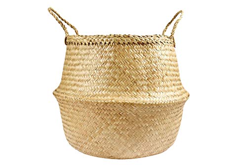 Chinoxinh Seagrass Woven Belly Basket with Handles - Multipurpose Handmade Wicker Rural Storage for Plant, Pot Decor, Laundry, Clothes, Blanket, Grocery and Outdoor Picnic (Original XXX-Large 14x16in)