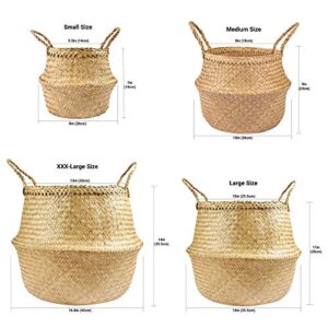 Chinoxinh Seagrass Woven Belly Basket with Handles - Multipurpose Handmade Wicker Rural Storage for Plant, Pot Decor, Laundry, Clothes, Blanket, Grocery and Outdoor Picnic (Original XXX-Large 14x16in)