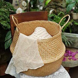 Chinoxinh Seagrass Woven Belly Basket with Handles - Multipurpose Handmade Wicker Rural Storage for Plant, Pot Decor, Laundry, Clothes, Blanket, Grocery and Outdoor Picnic (Original XXX-Large 14x16in)