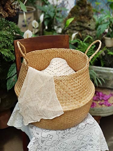 Chinoxinh Seagrass Woven Belly Basket with Handles - Multipurpose Handmade Wicker Rural Storage for Plant, Pot Decor, Laundry, Clothes, Blanket, Grocery and Outdoor Picnic (Original XXX-Large 14x16in)