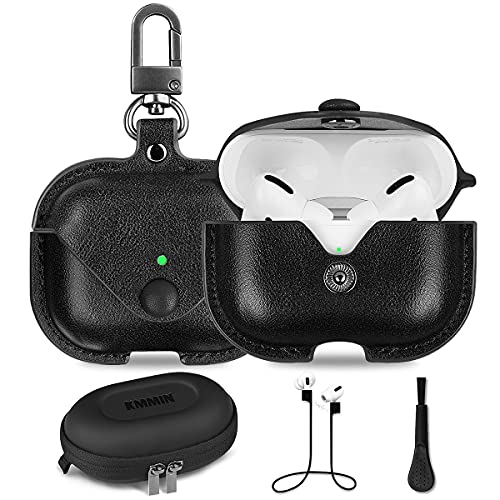 KMMIN Leather AirPods Pro 1 & 2 Case with Secure Snap Keychain,4 in-1 AirPods Pro Accessories Set with AirPods Pro 2019/2022 Protective Case Cover/Storage Bag/Anti-Lost Strap/Clean Brush,Black