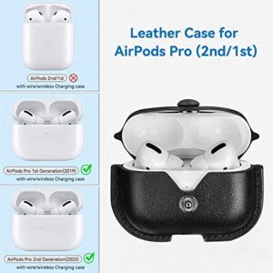 KMMIN Leather AirPods Pro 1 & 2 Case with Secure Snap Keychain,4 in-1 AirPods Pro Accessories Set with AirPods Pro 2019/2022 Protective Case Cover/Storage Bag/Anti-Lost Strap/Clean Brush,Black