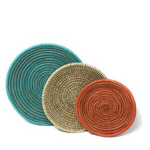 african fair trade shallow round nesting baskets, set of 3, turquoise/ivory/orange